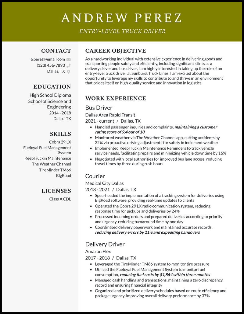 5 Beginner Truck Driver Resume Examples Built for 2025