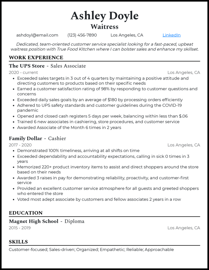 3 Beginner Waitress Resume Examples That Work In 2024