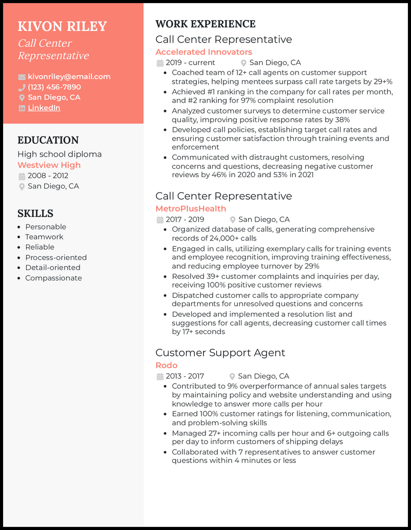 17 Call Center Representative Resume Examples for 2026