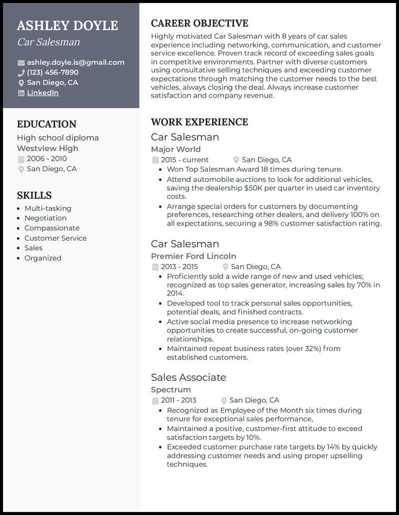 7 Car Salesman Resume Examples [& Templates]