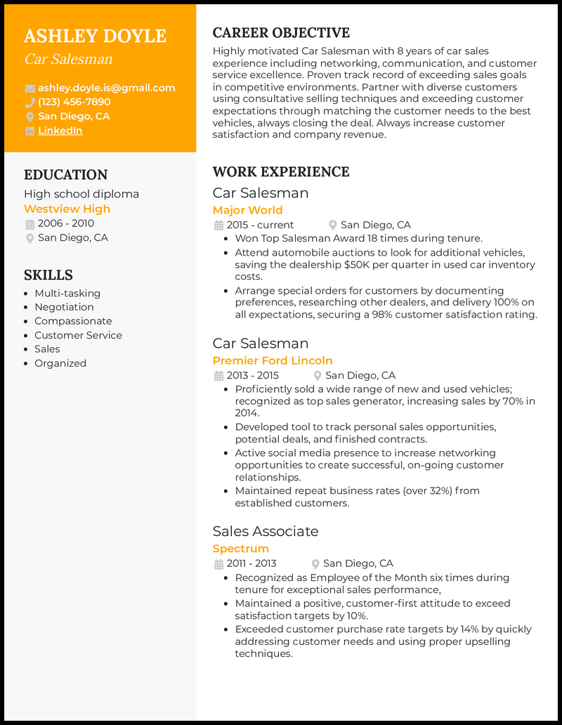 7 Car Salesman Resume Examples [& Templates]