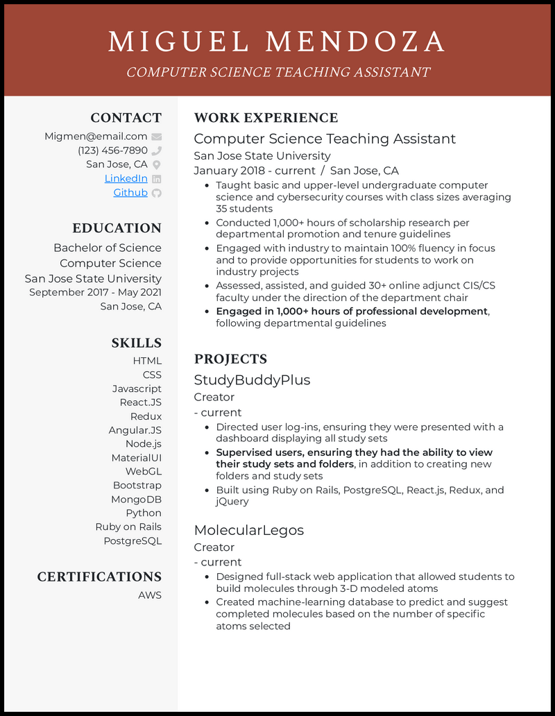 3 Computer Science Teaching Assistant Resume Templates & Examples for 2025