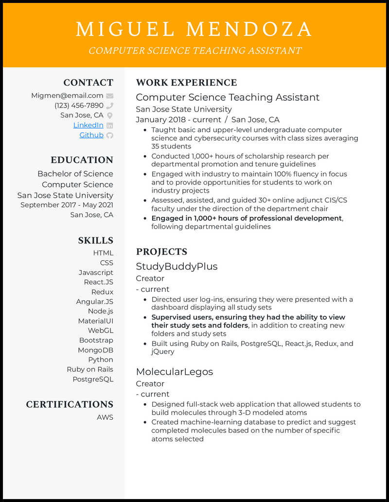 3 Computer Science Teaching Assistant Resume Templates & Examples for 2025
