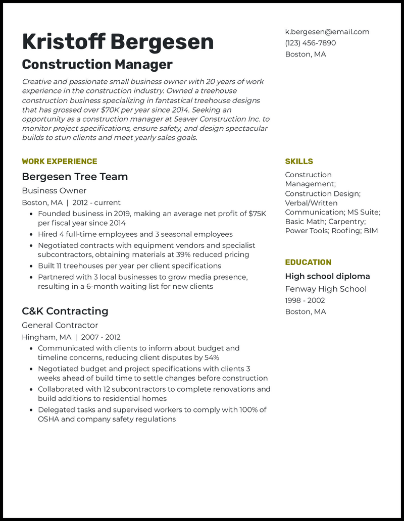 3 Construction Business Owner Resume Examples for 2026