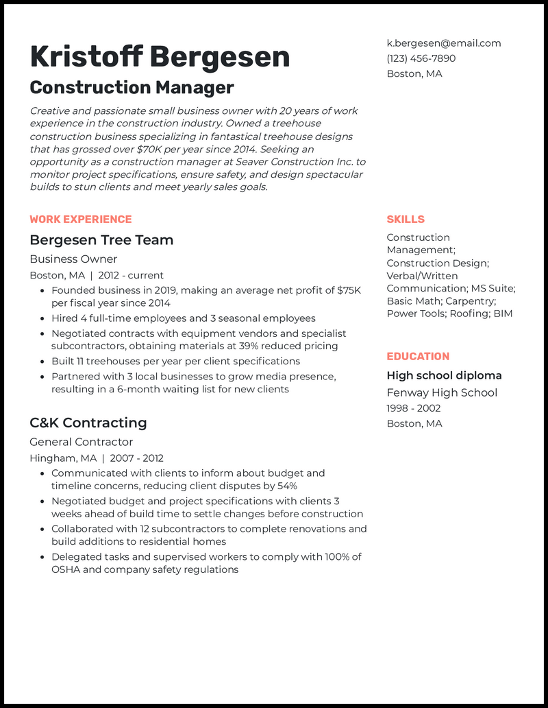3 Construction Business Owner Resume Examples for 2026
