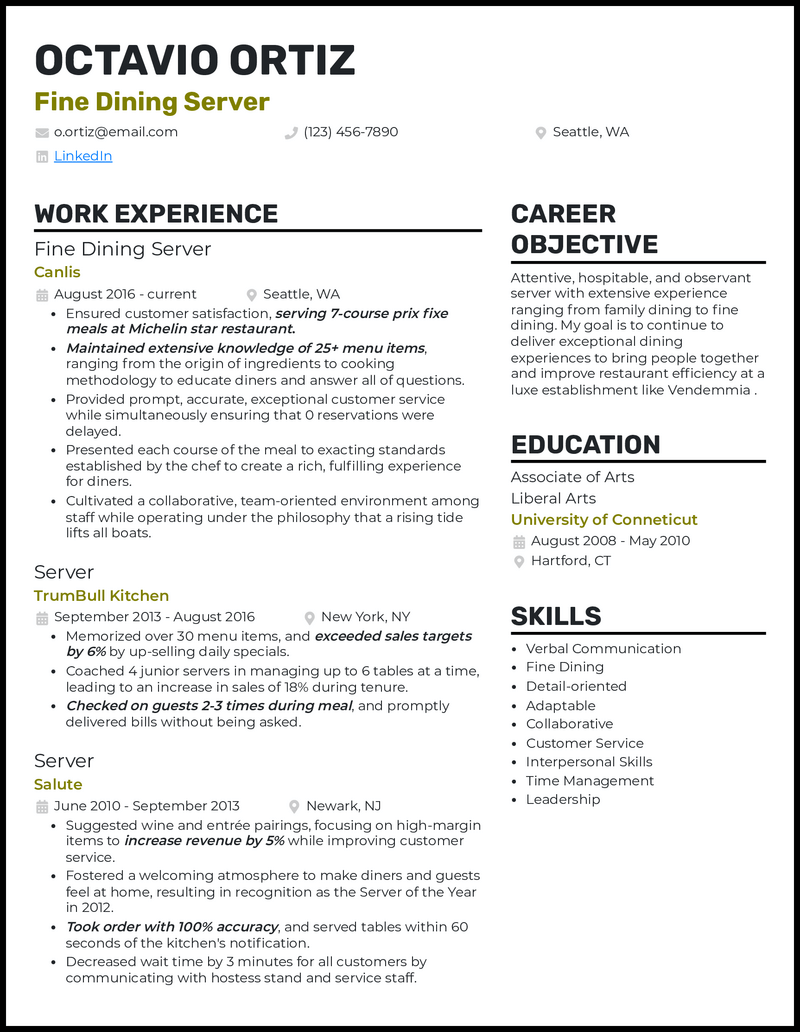 7 Fine Dining Server Resume Examples for 2025