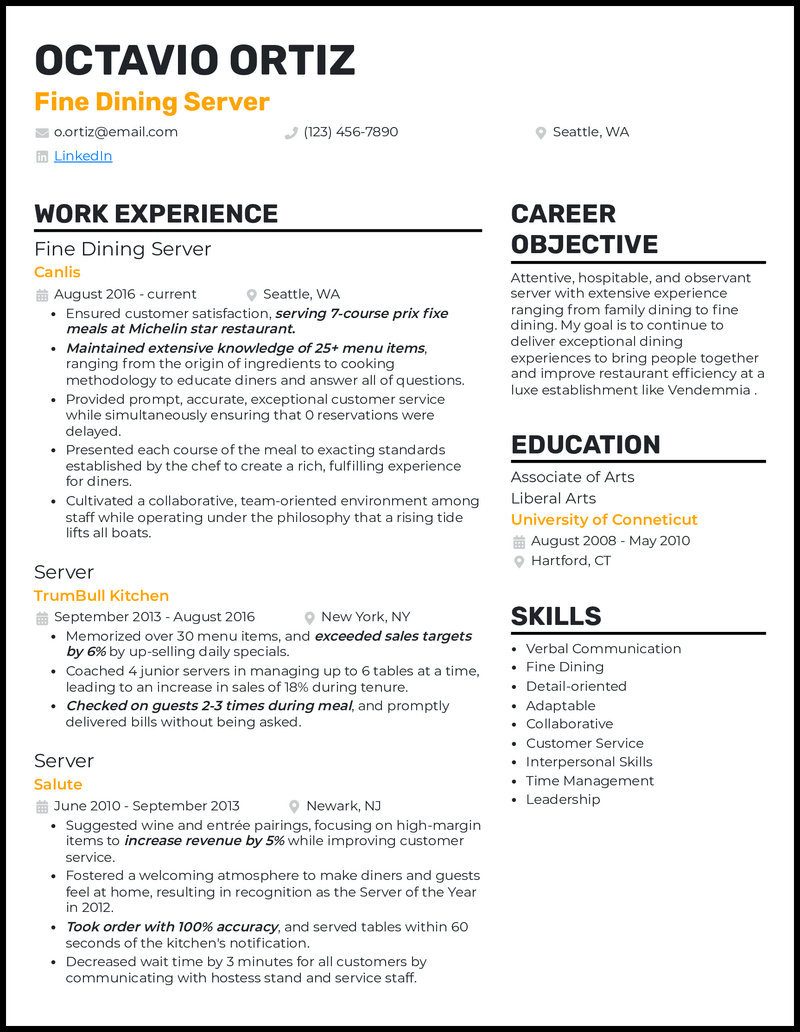 7 Fine Dining Server Resume Examples for 2025