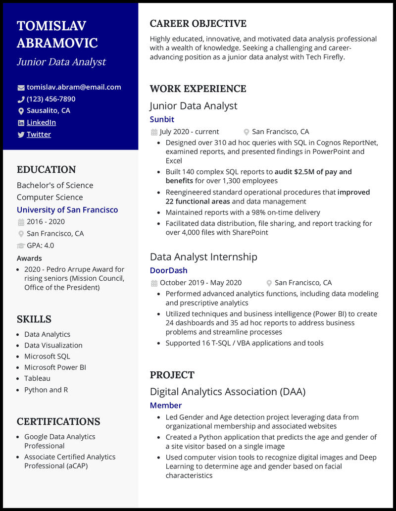 5 Junior Data Analyst Resume Examples for 2024