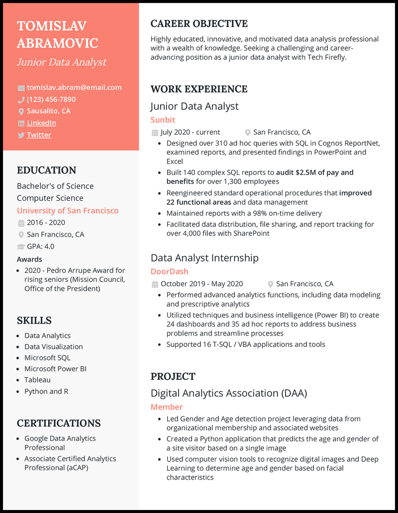 5 Junior Data Analyst Resume Examples for 2024