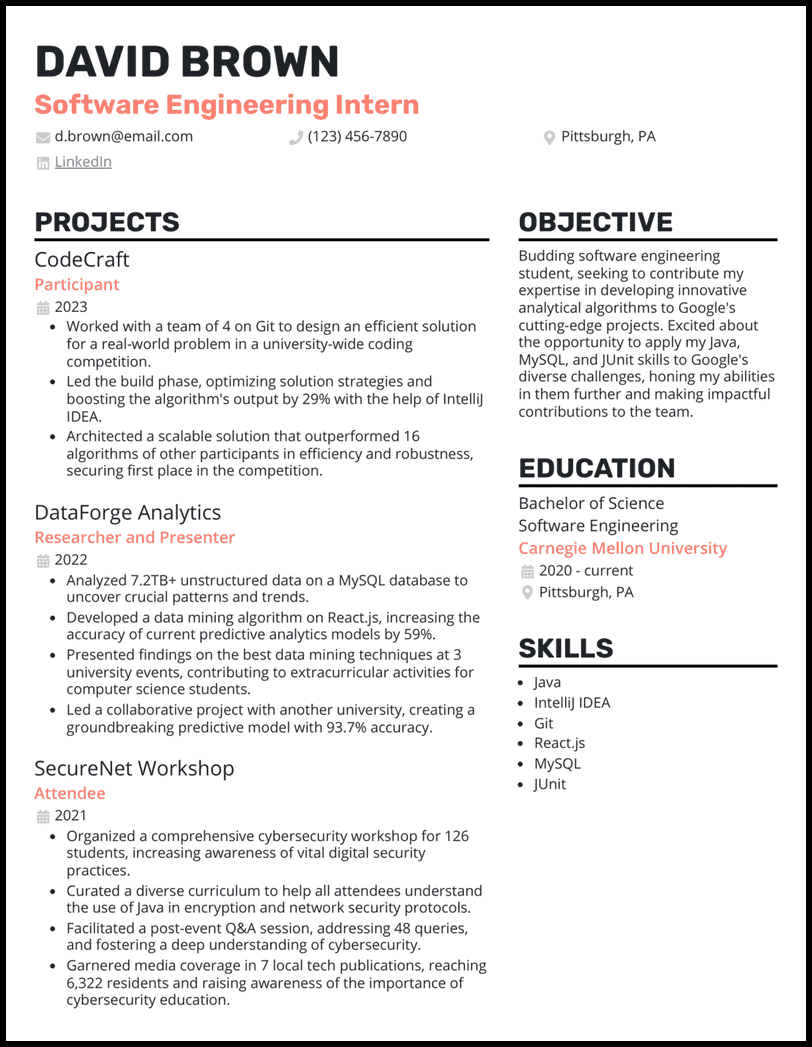 10 College Student Internship Resume Examples for 2025