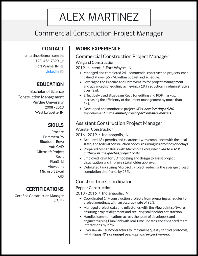 15 Construction Project Manager Resume Samples
