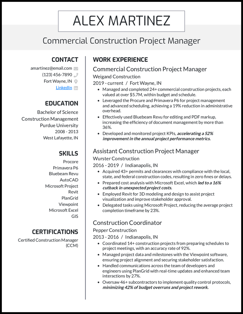15 Construction Project Manager Resume Samples
