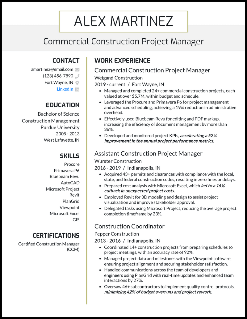 15 Construction Project Manager Resume Samples
