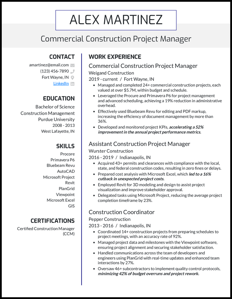 15 Construction Project Manager Resume Samples