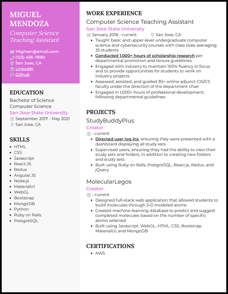 3 Computer Science Teaching Assistant Resume Templates & Examples for 2025