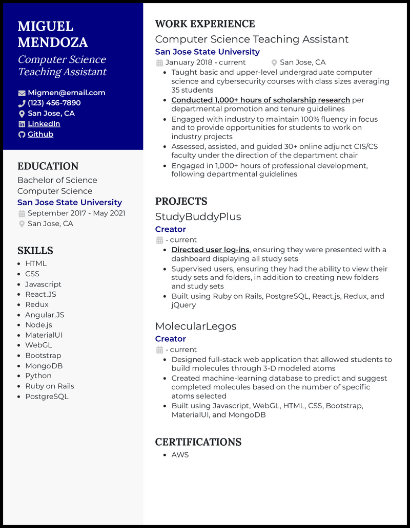 3 Computer Science Teaching Assistant Resume Templates & Examples for 2026