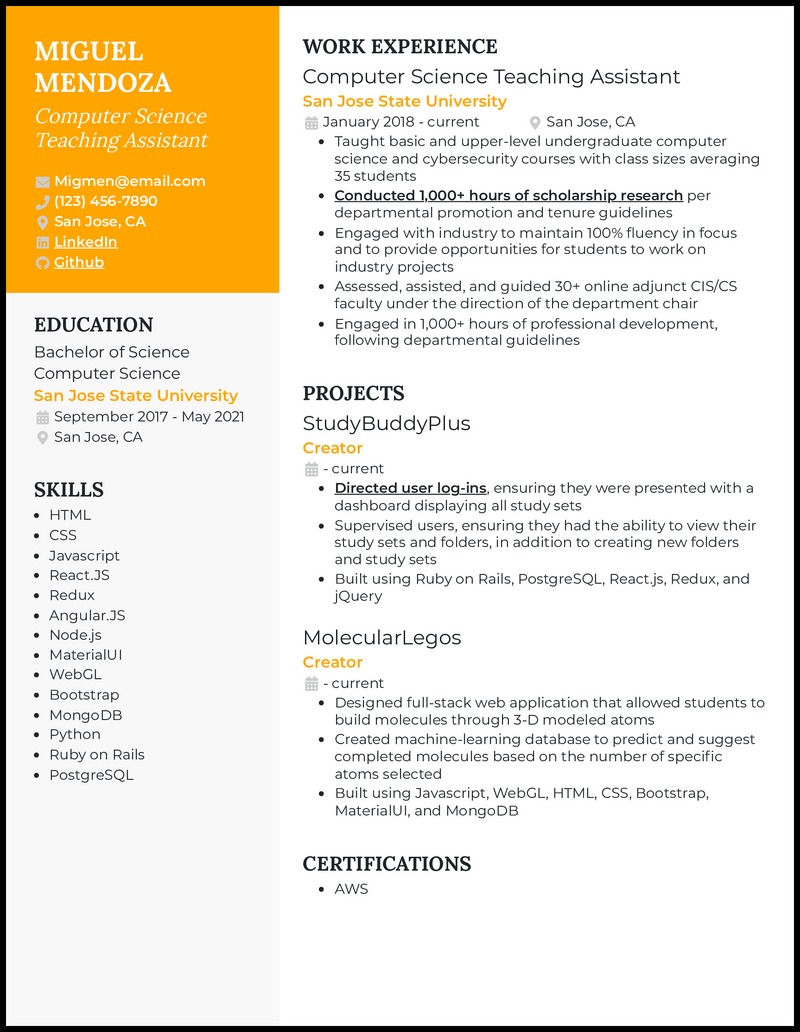 3 Computer Science Teaching Assistant Resume Templates & Examples for 2025
