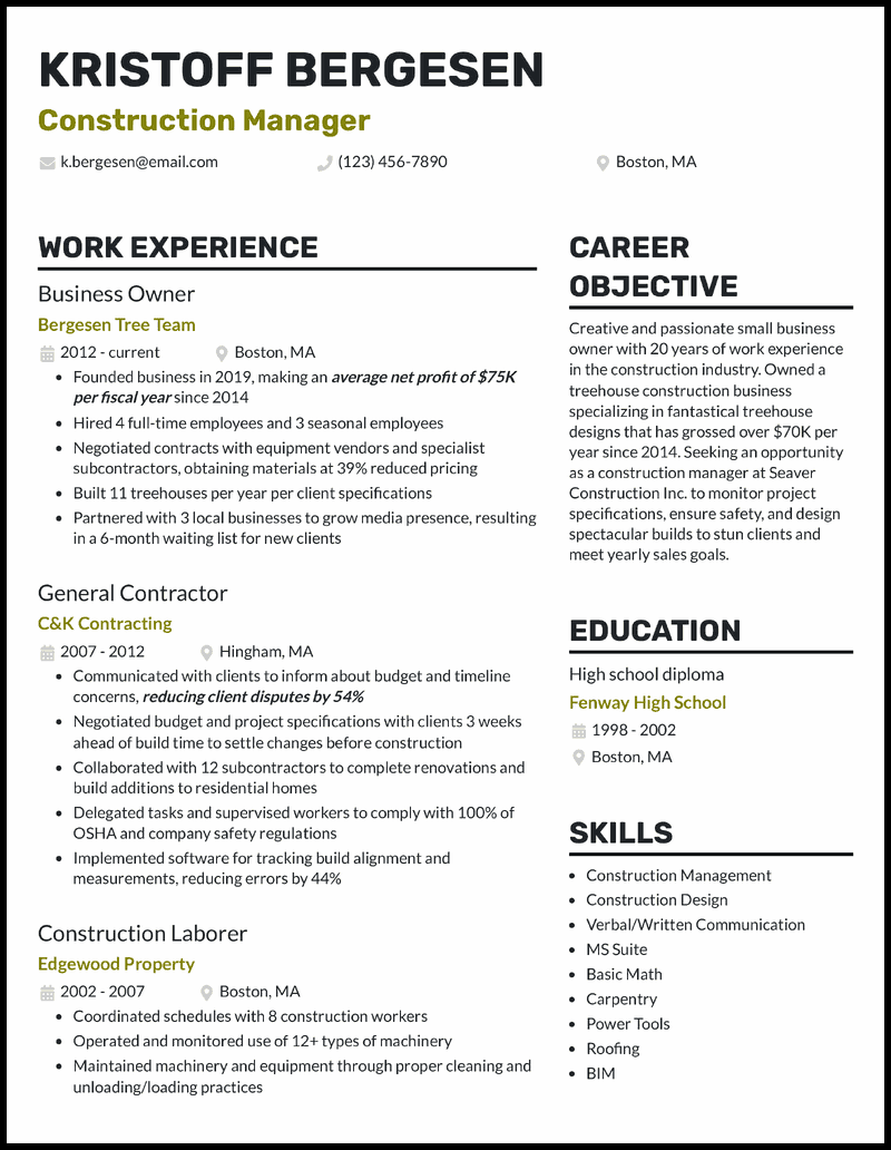 3 Construction Business Owner Resume Examples for 2026