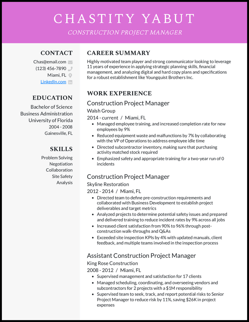 15 Construction Project Manager Resume Samples