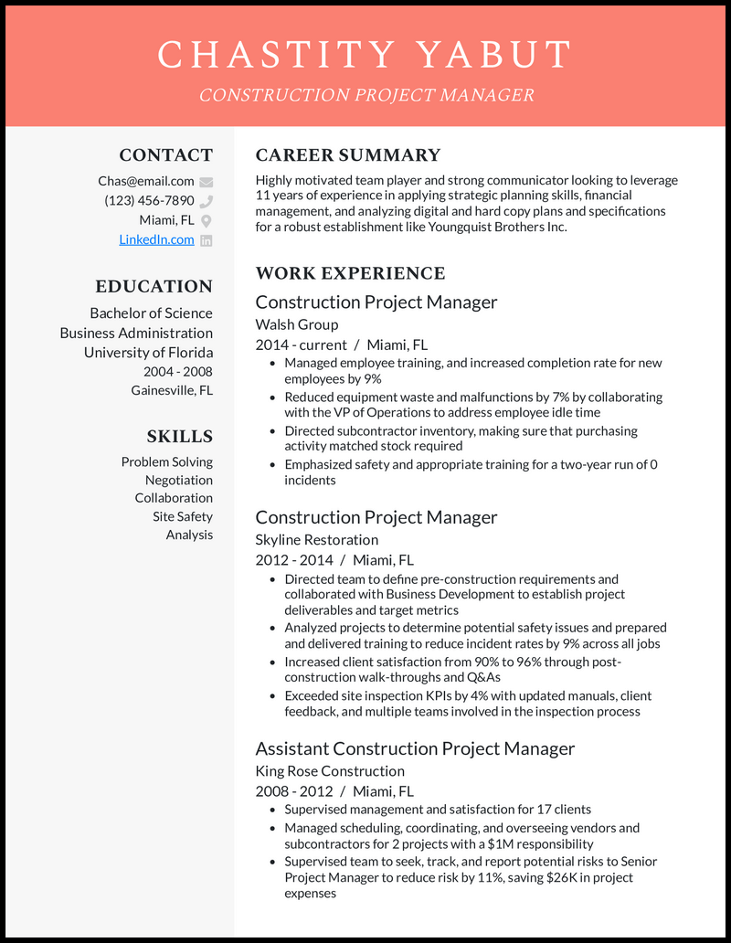 15 Construction Project Manager Resume Samples