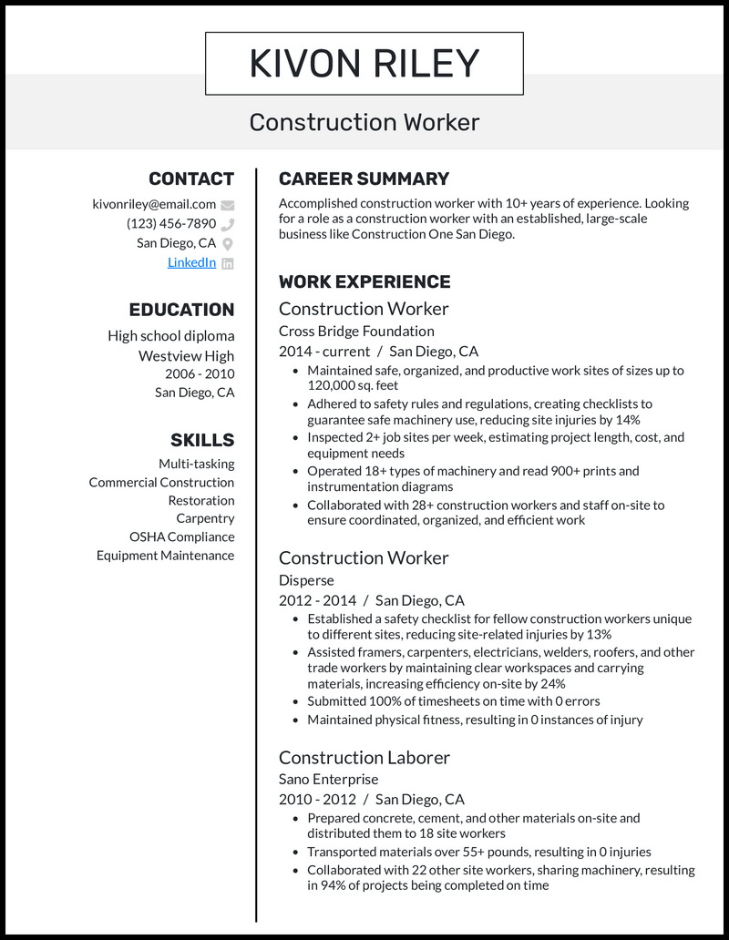 9 Construction Worker Resume Examples for 2024