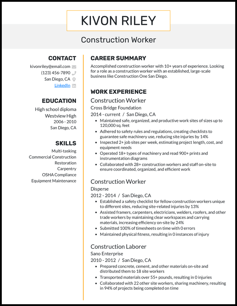 9 Construction Worker Resume Examples for 2024