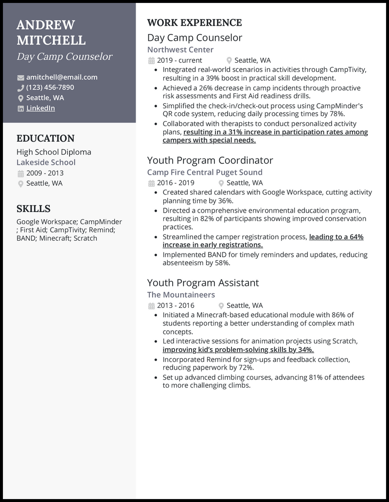 9 Camp Counselor Resume Examples, Templates, & Tips