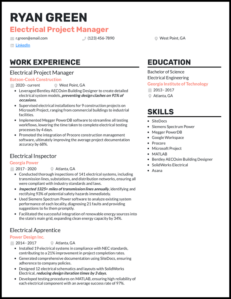 5 Electrical Project Manager Resume Examples & Templates [Edit Free]