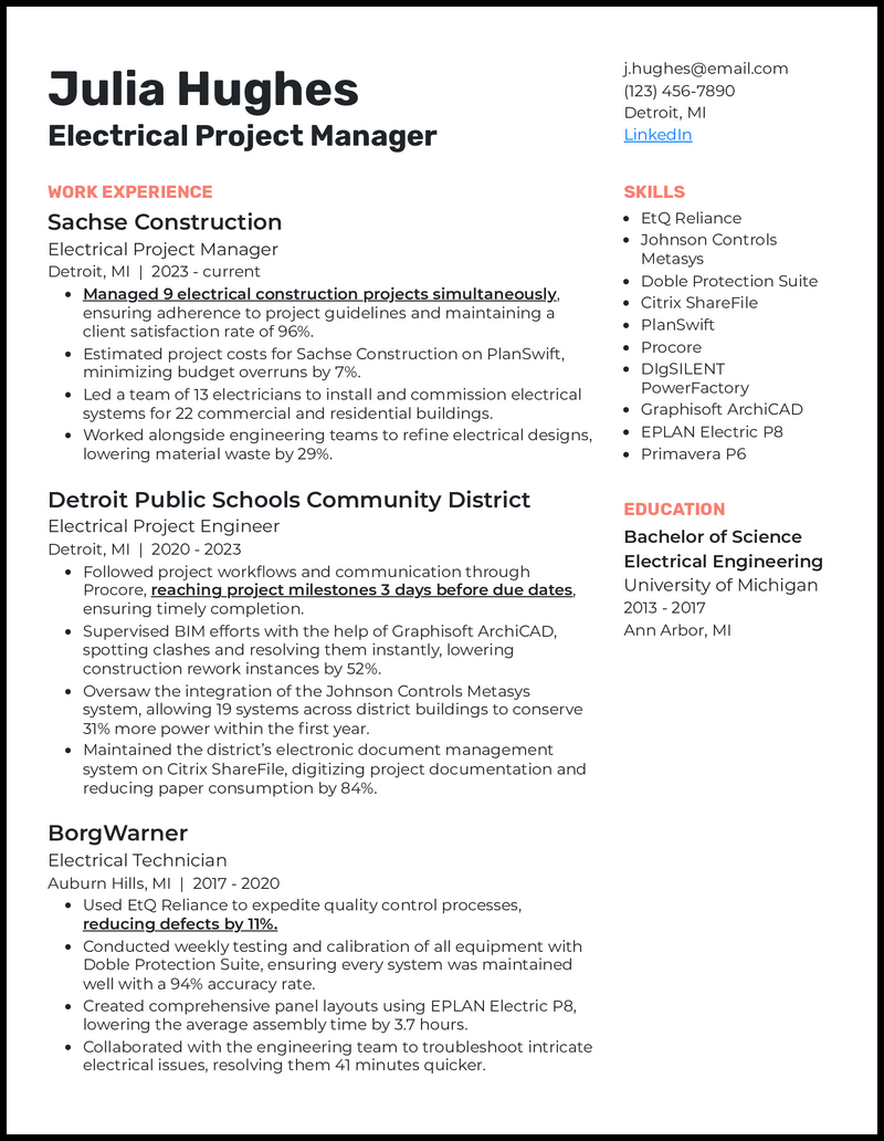 5 Electrical Project Manager Resume Examples & Templates [Edit Free]
