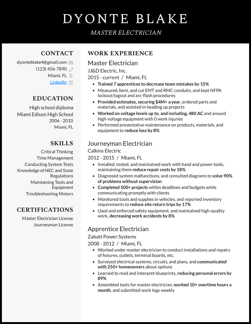 12 Electrician Resume Examples [& Templates]