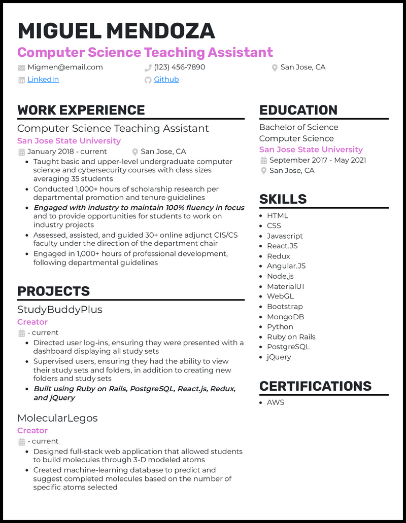 3 Computer Science Teaching Assistant Resume Templates & Examples for 2025
