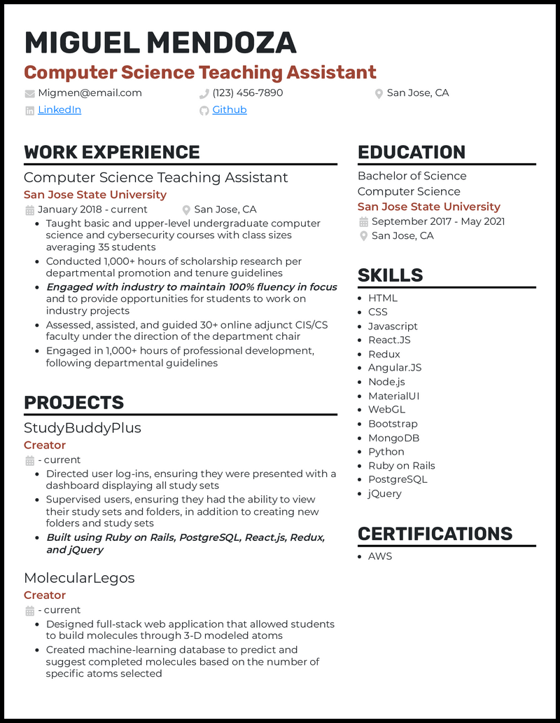 3 Computer Science Teaching Assistant Resume Templates & Examples for 2025