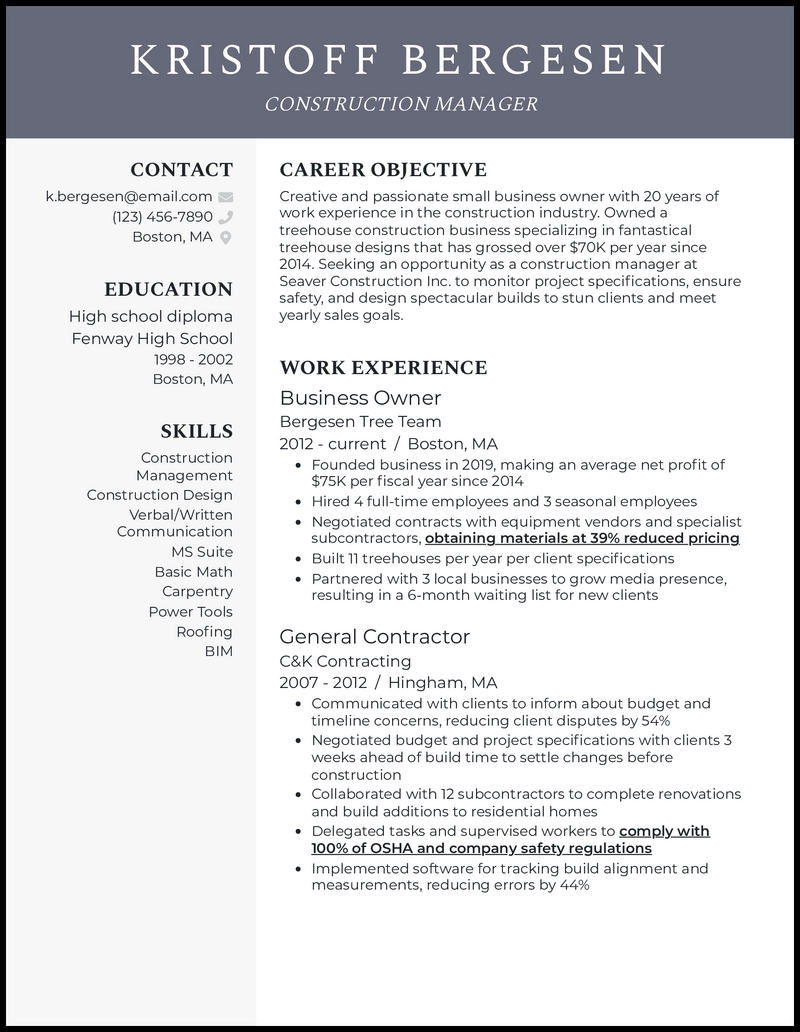 3 Construction Business Owner Resume Examples for 2026