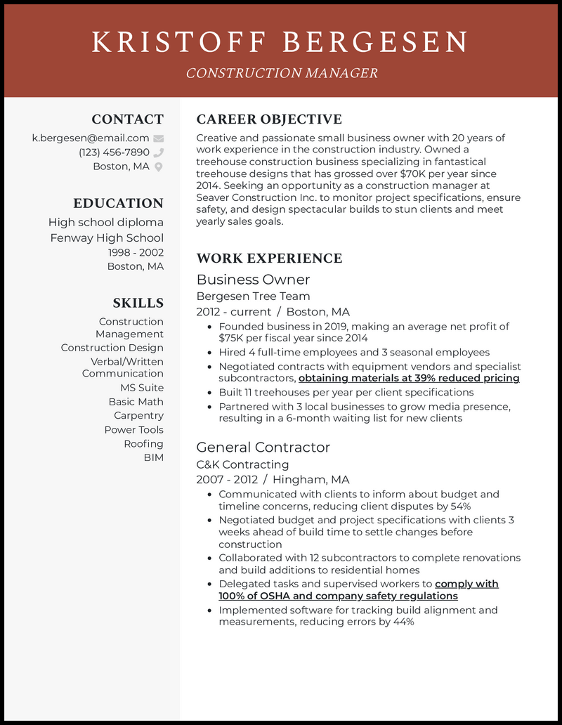 3 Construction Business Owner Resume Examples for 2026