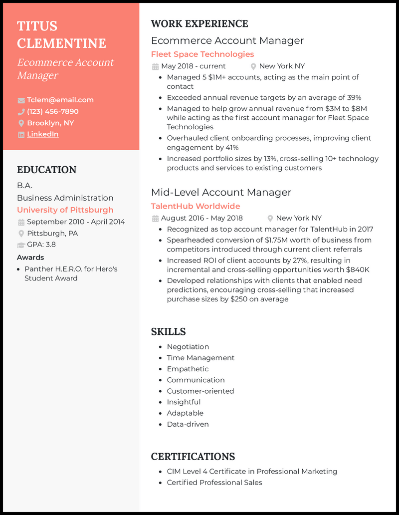 3 E-Commerce Account Manager Resume Examples & Templates [Edit Free]