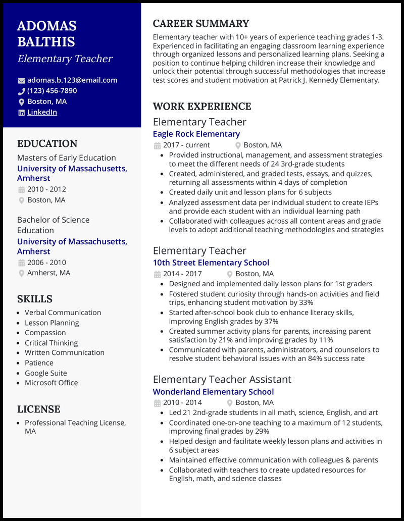 9 Elementary Teacher Resume Examples Built for 2024