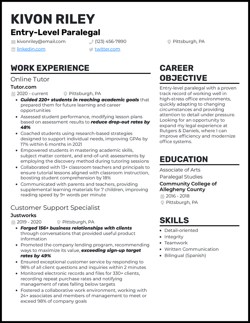 3 Entry-Level Paralegal Resume Examples Working in 2025