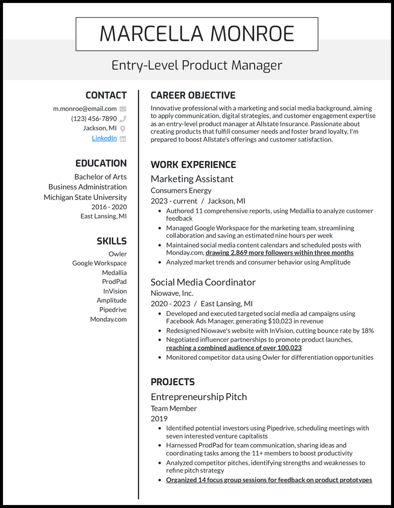 5 Entry-Level Product Manager Resume Examples for 2026