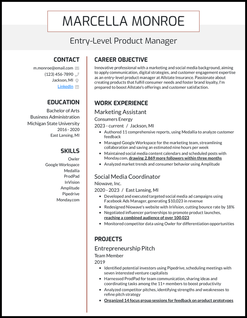 5 Entry-Level Product Manager Resume Examples for 2025