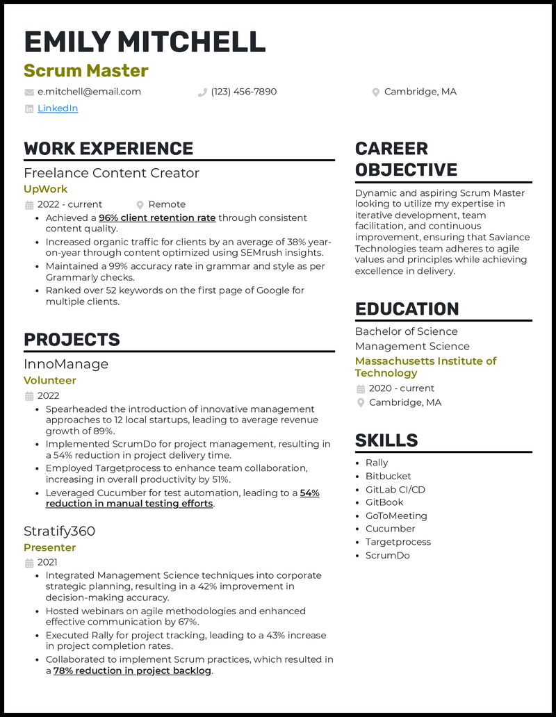 5 Entry-Level Scrum Master Resume Templates & Examples for 2025