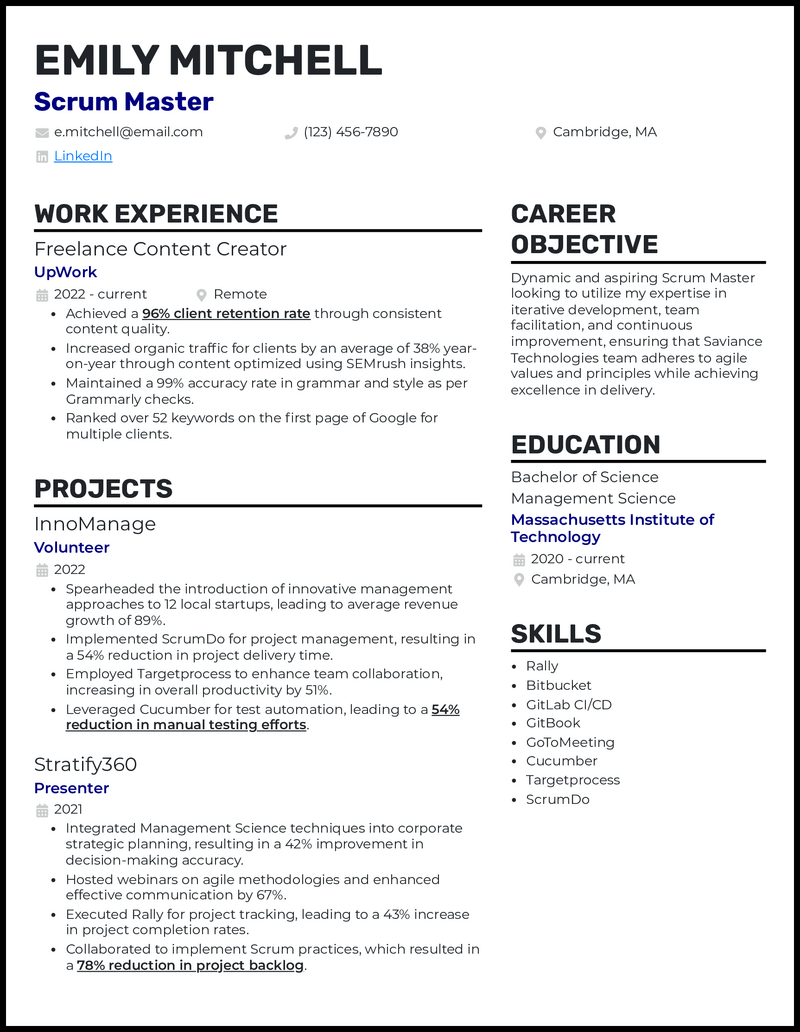 5 Entry-Level Scrum Master Resume Templates & Examples for 2025