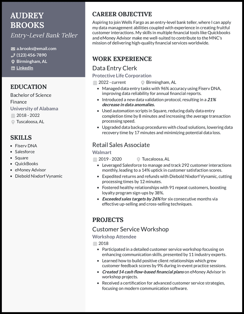 5 Entry-Level Bank Teller Resume Examples for 2024