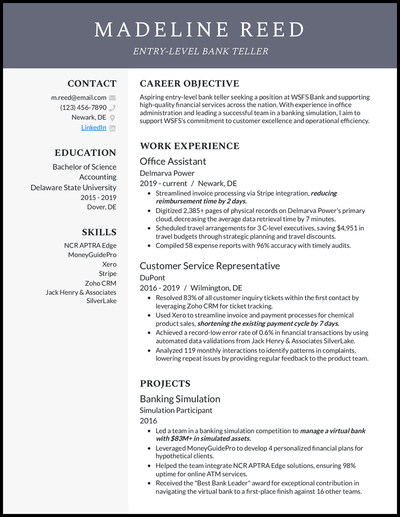 5 Entry-Level Bank Teller Resume Examples for 2024