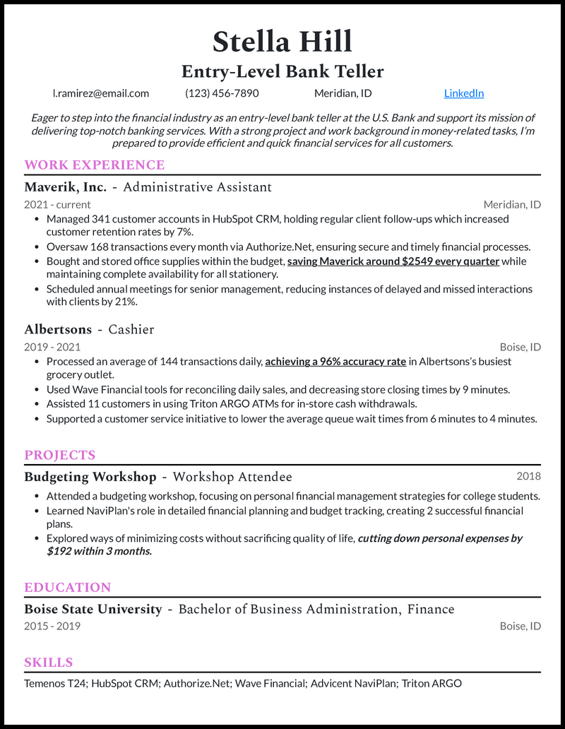 5 Entry-Level Bank Teller Resume Examples for 2024