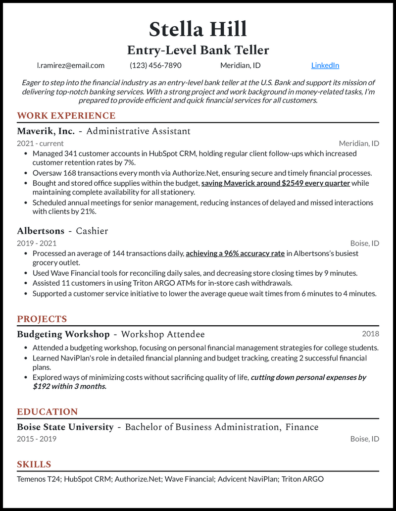 5 Entry-Level Bank Teller Resume Examples for 2024