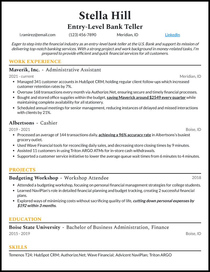 5 Entry-Level Bank Teller Resume Examples for 2024