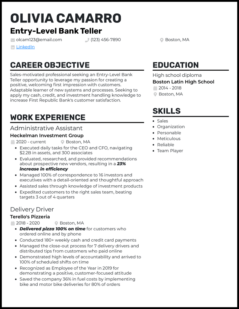 5 Entry-Level Bank Teller Resume Examples for 2024