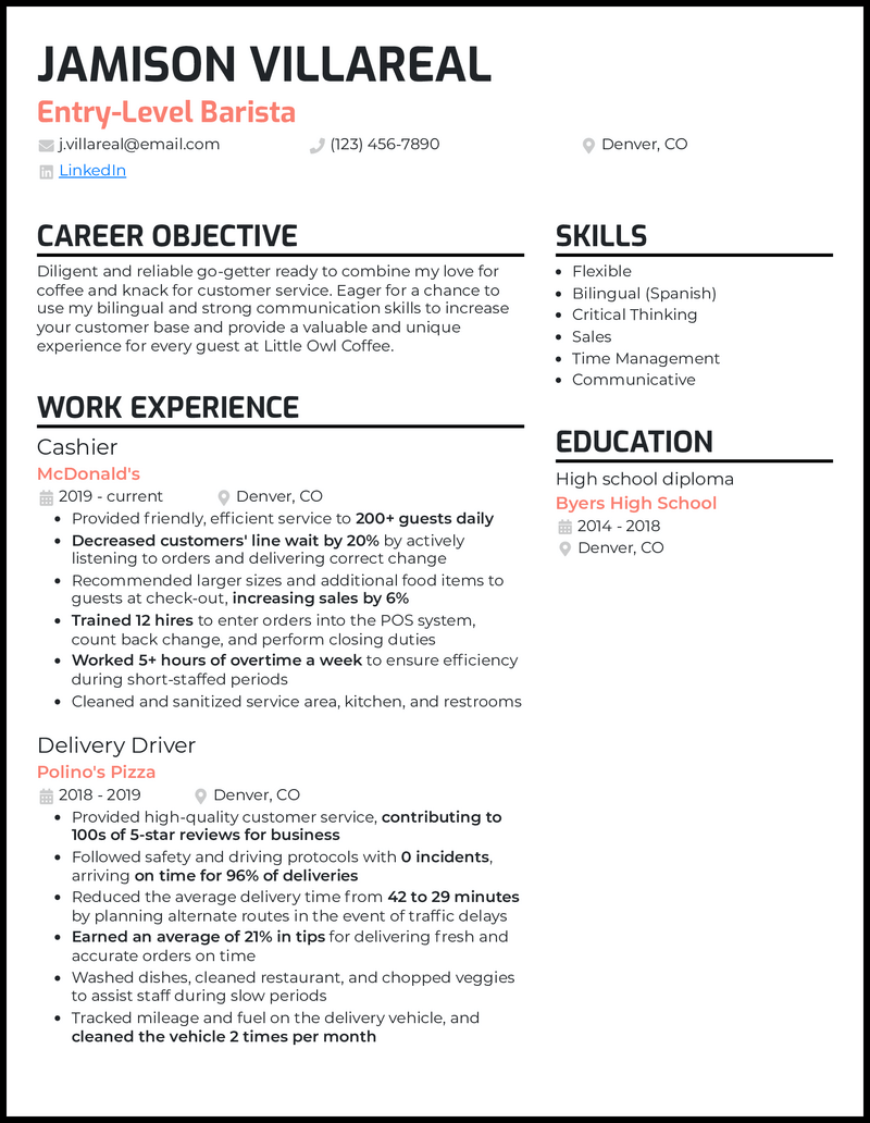 22 Barista Resume Examples [& Templates]