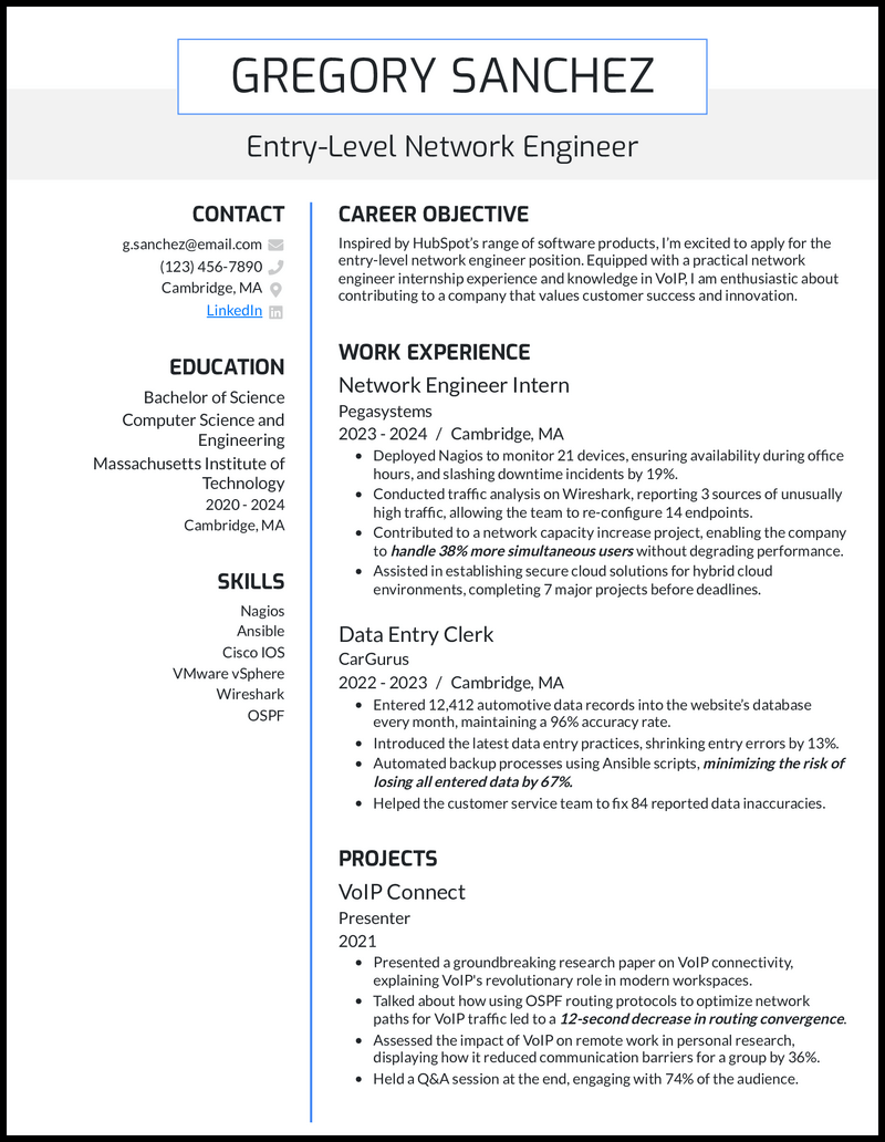 5 Entry Level Network Engineer Resume Examples For 2025