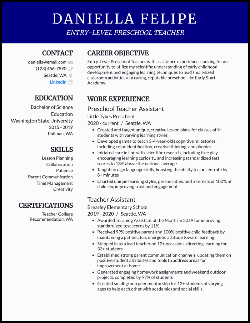 7 Preschool Teacher Resume Examples [& Templates]